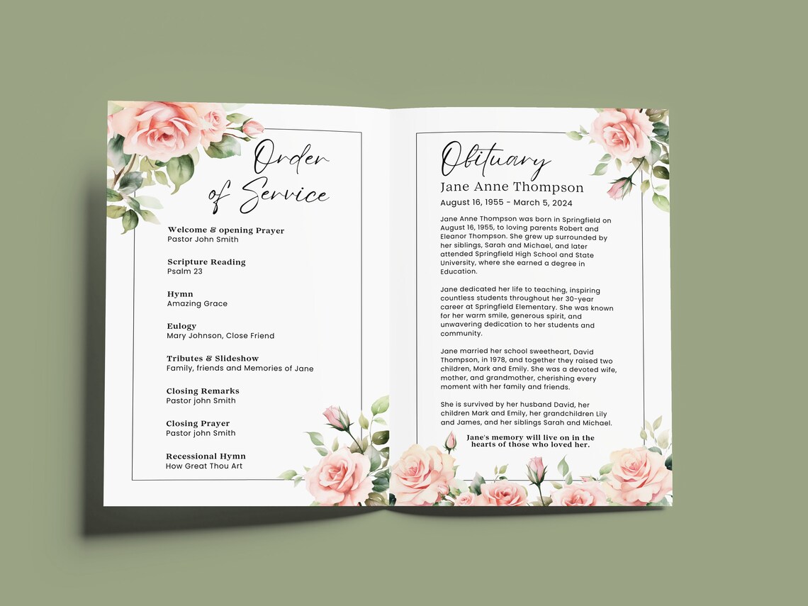 Editable Blush Floral Funeral Program Canva Template, Celebrating the ...