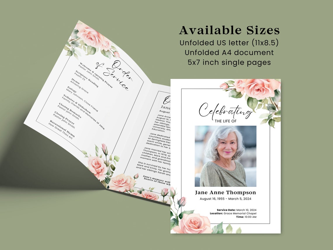 Editable Blush Floral Funeral Program Canva Template, Celebrating the ...