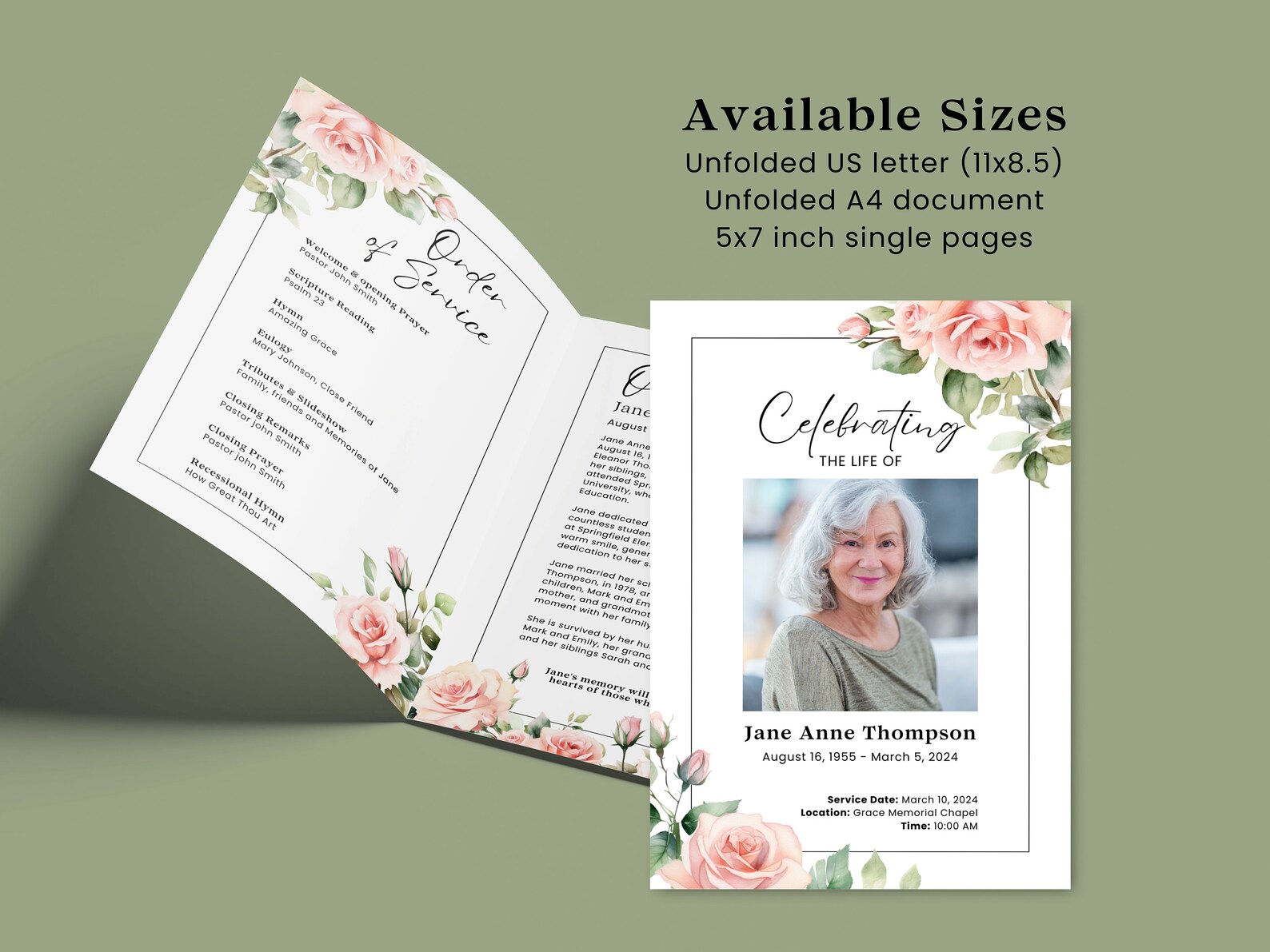Editable Blush Floral Funeral Program Canva Template, Celebrating the ...