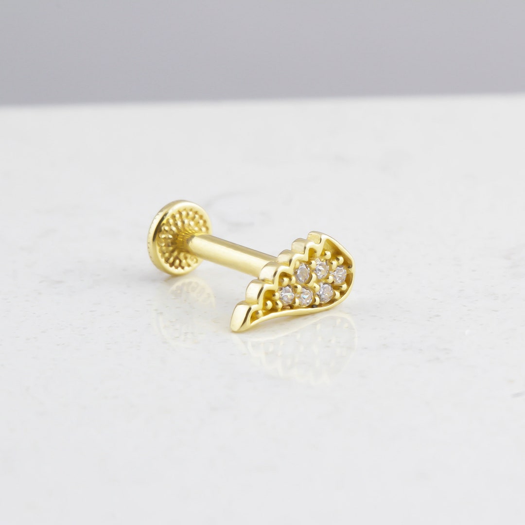 14K Solid Gold Angel Wing Piercing • 16G Minimalist Tragus Piercing ...