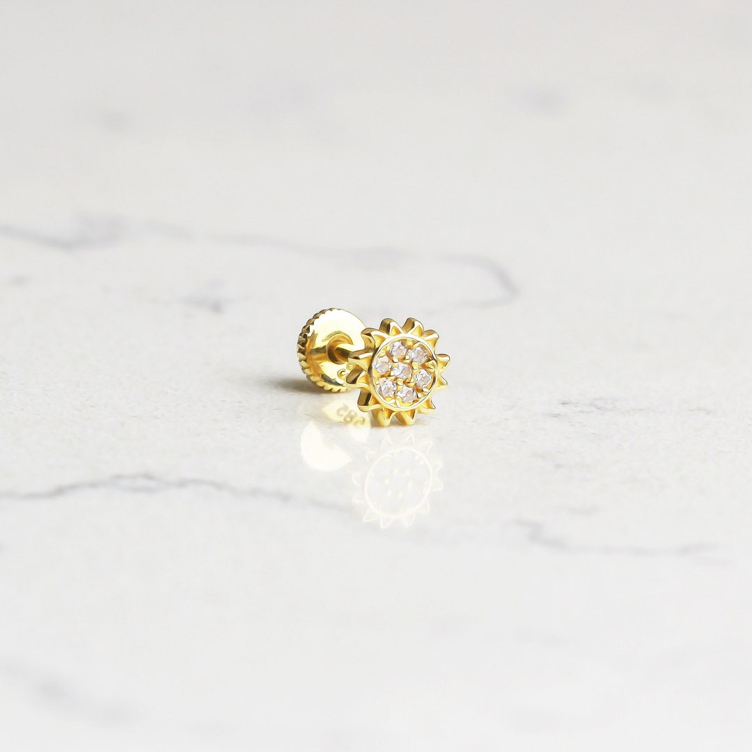 14K Solid Gold Sun Helix Piercing: Dainty 18G Ear Stud - Etsy