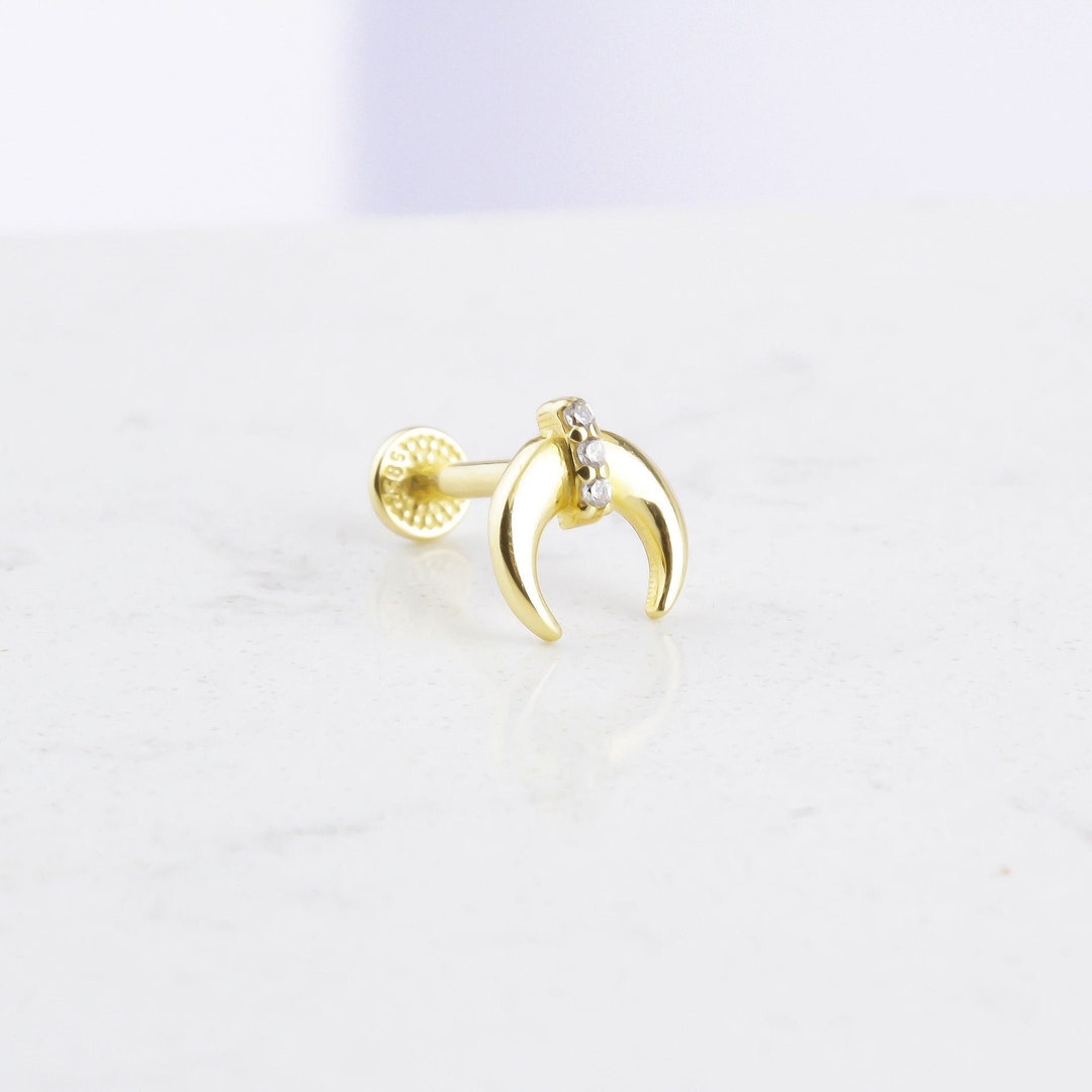 14k Solid Gold Crescent Tragus Piercing • 16G Moon Tragus Piercing ...