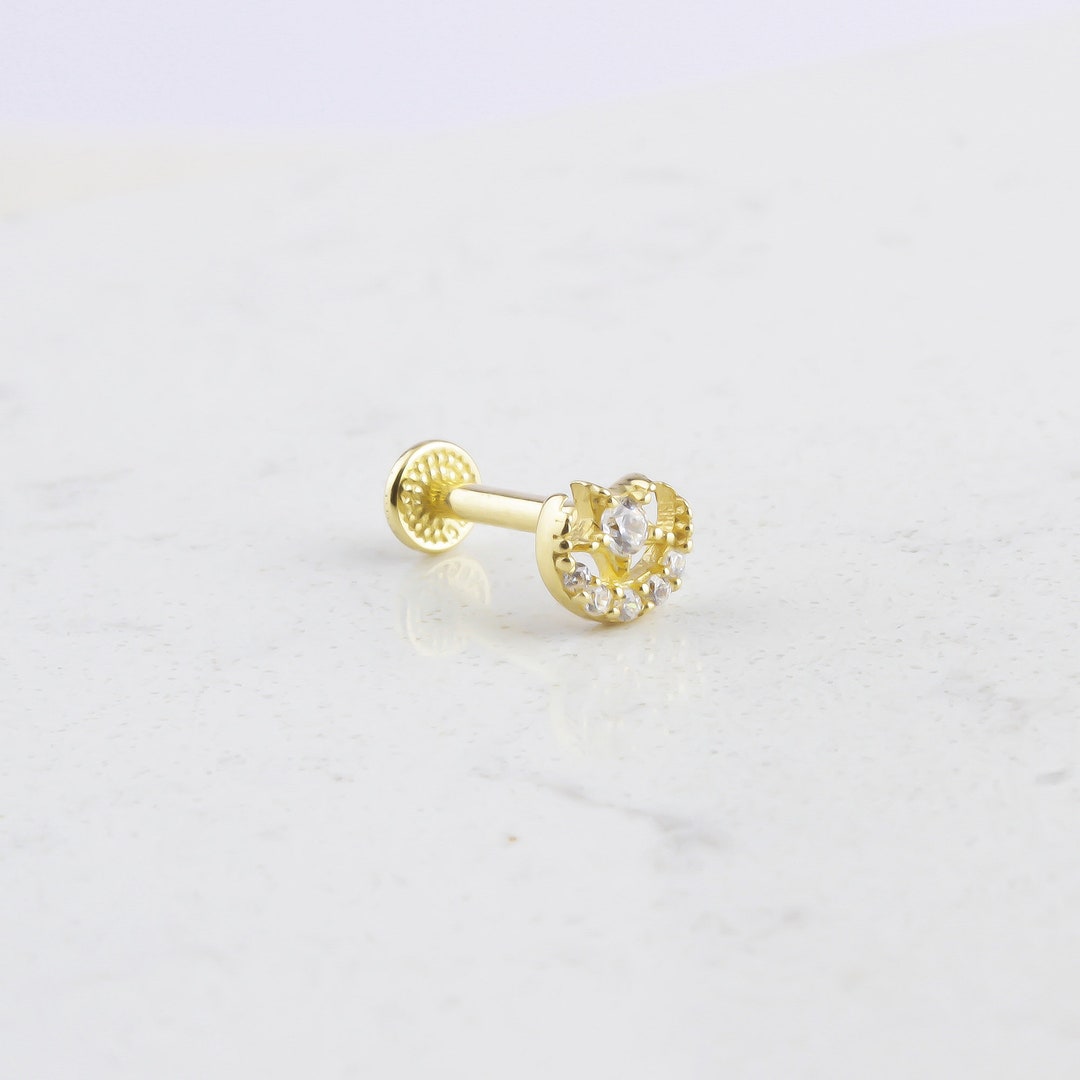 14K Gold Moon Star Tragus Piercing: 16G Crescent Stud - Etsy