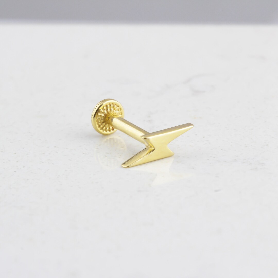 14K Solid Gold Lightning Bolt Tragus Piercing - 16G Flash Stud - Etsy