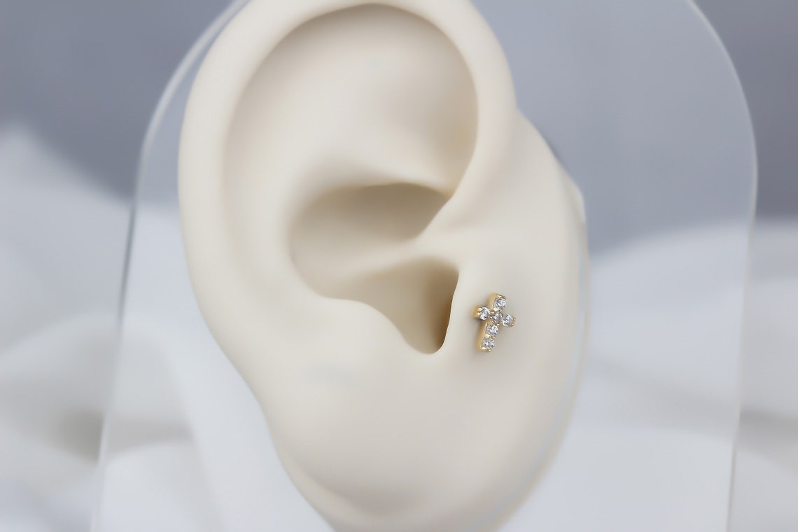 14K Solid Gold Cross Tragus Piercing: 16G Cartilage Earring - Etsy