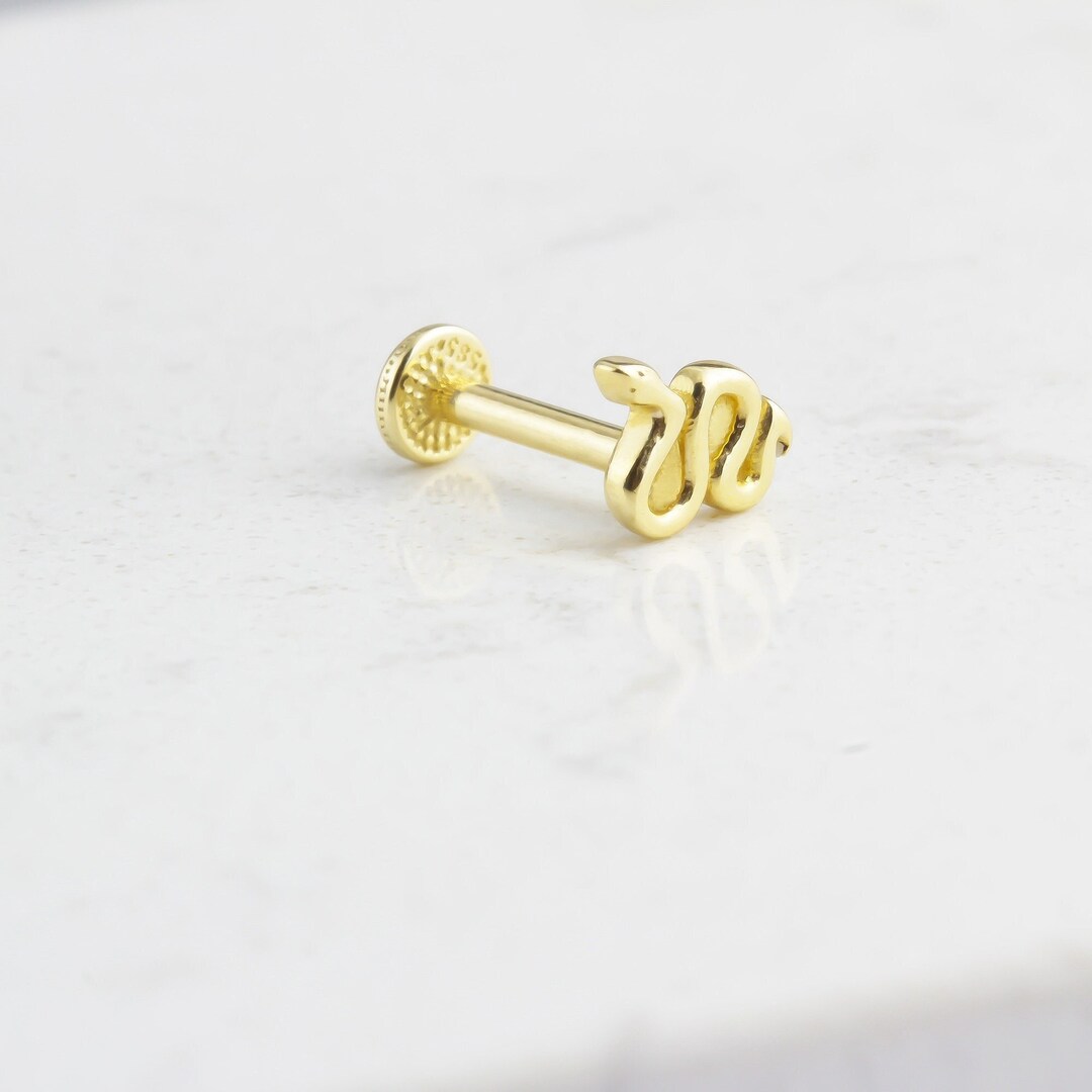 14K Solid Gold Snake Tragus Piercing: 16G Animal Stud Earring - Etsy