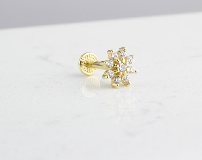14K Solid Gold Daisy Ear Piercing | Flower CZ Piercing | Snow Flake ...