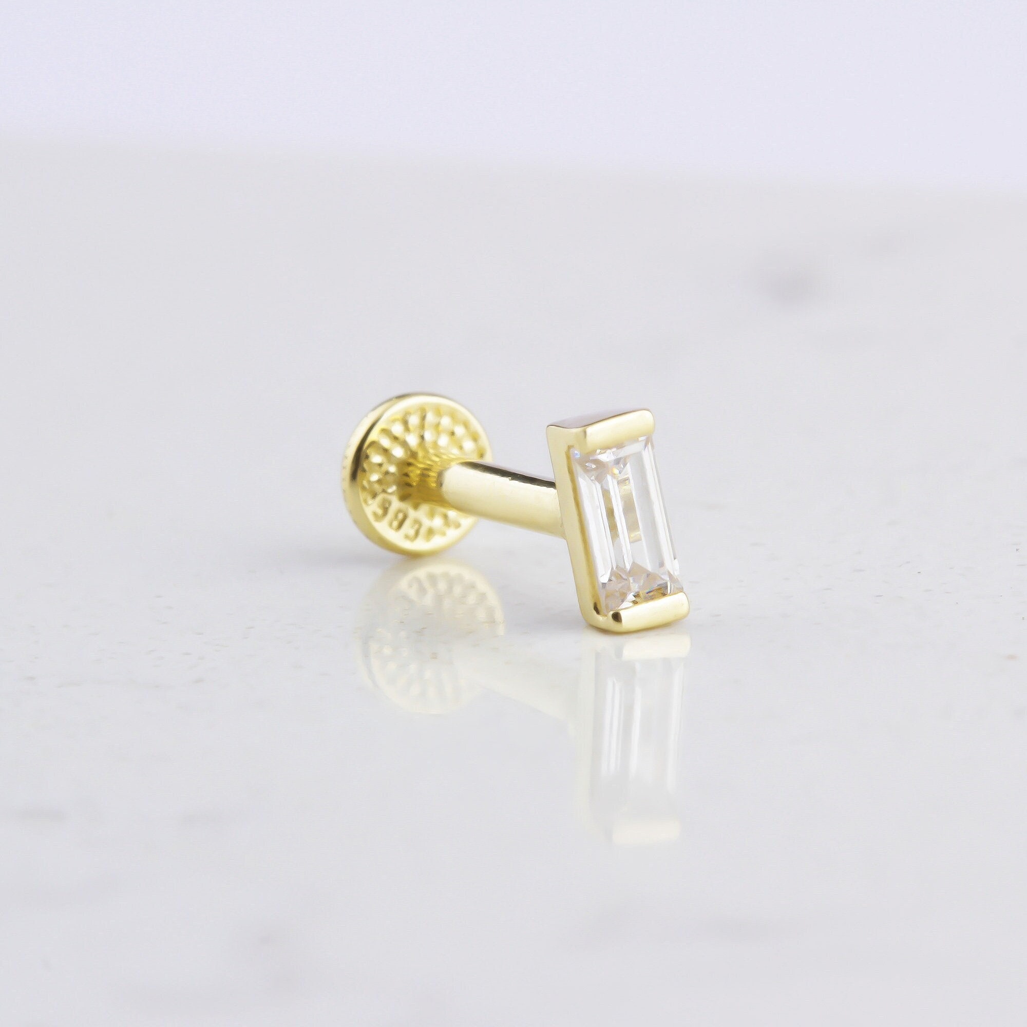 14K Solid Gold Baguette Tragus Piercing Minimalist Tragus - Etsy