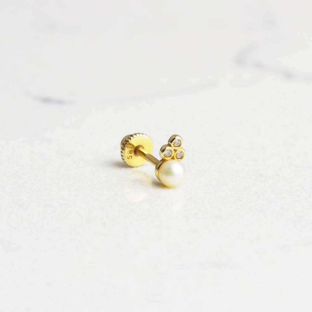 14K Solid Gold Pearl Helix Piercing: Trio Stone 18G Earring - Etsy