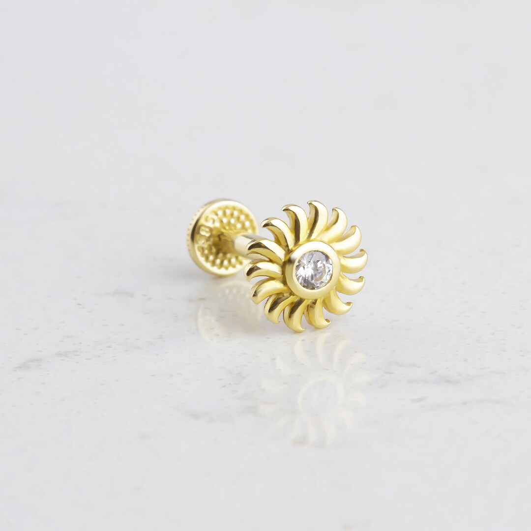 14K Solid Gold Sun Tragus Piercing: 16G Minimalist Stud - Etsy
