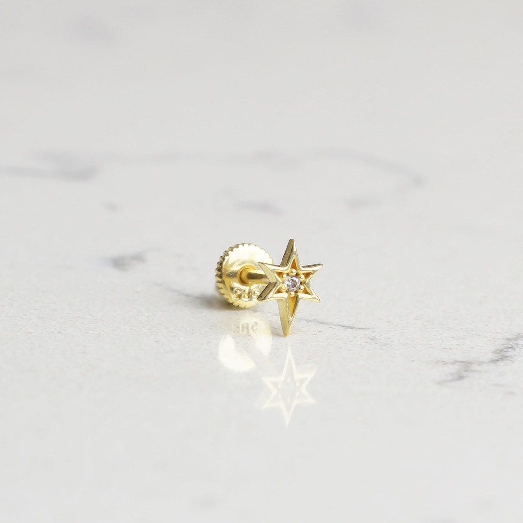 14K Solid Gold Pole Star Helix Piercing: Screw Back Cartilage Earring ...