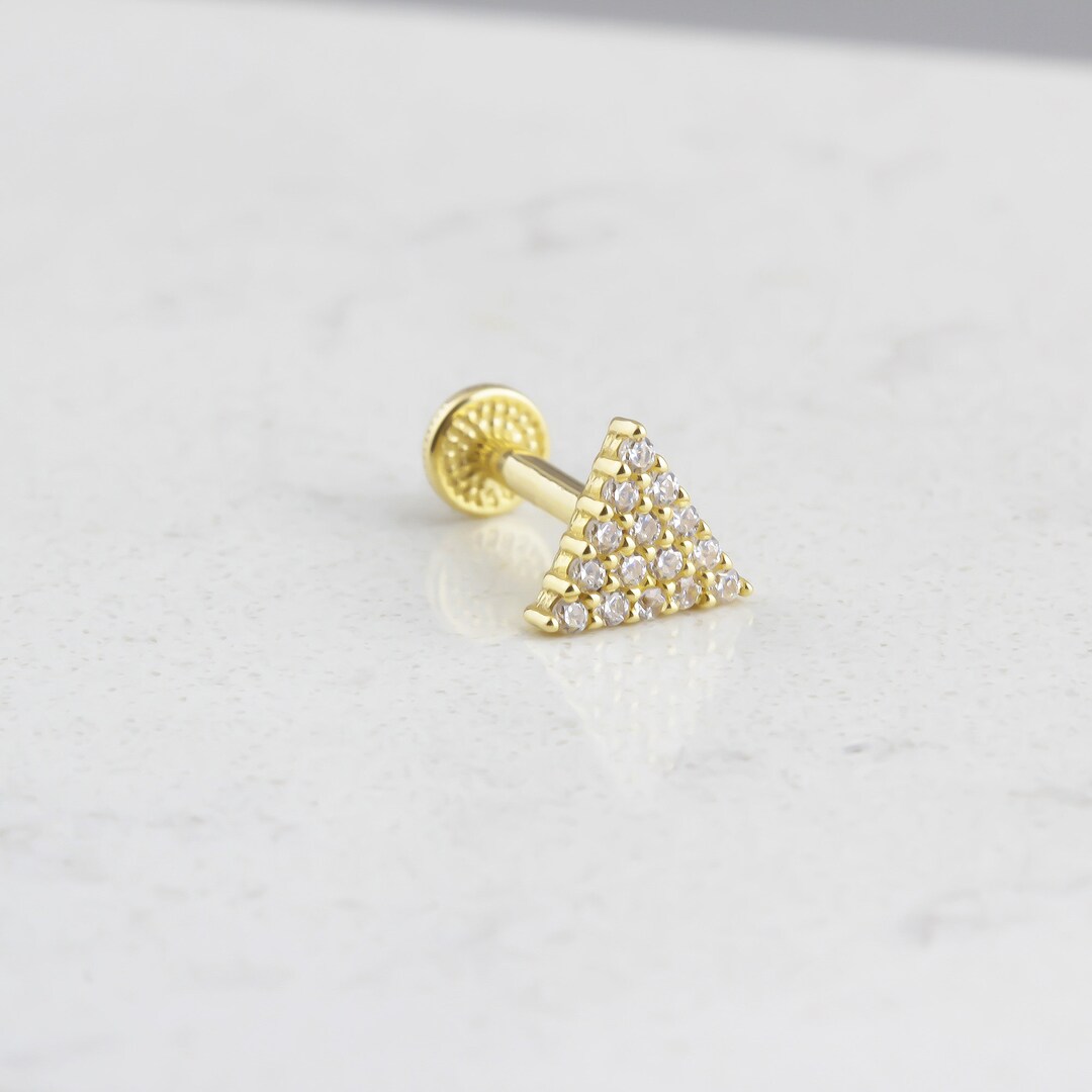 14K Solid Gold Pyramid Tragus Piercing: CZ Triangle Cartilage Earring ...