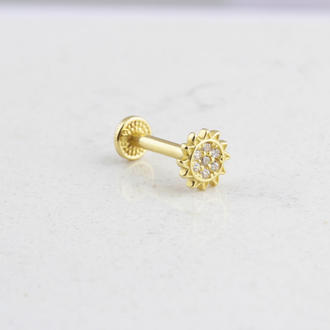 14K Solid Gold Sun Piercing: 16G Tragus Stud Earring - Etsy UK