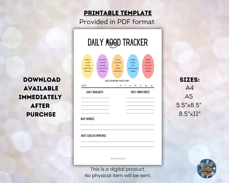 Daily Mood Tracker - Printable - Mental Health Awareness - Etsy Australia