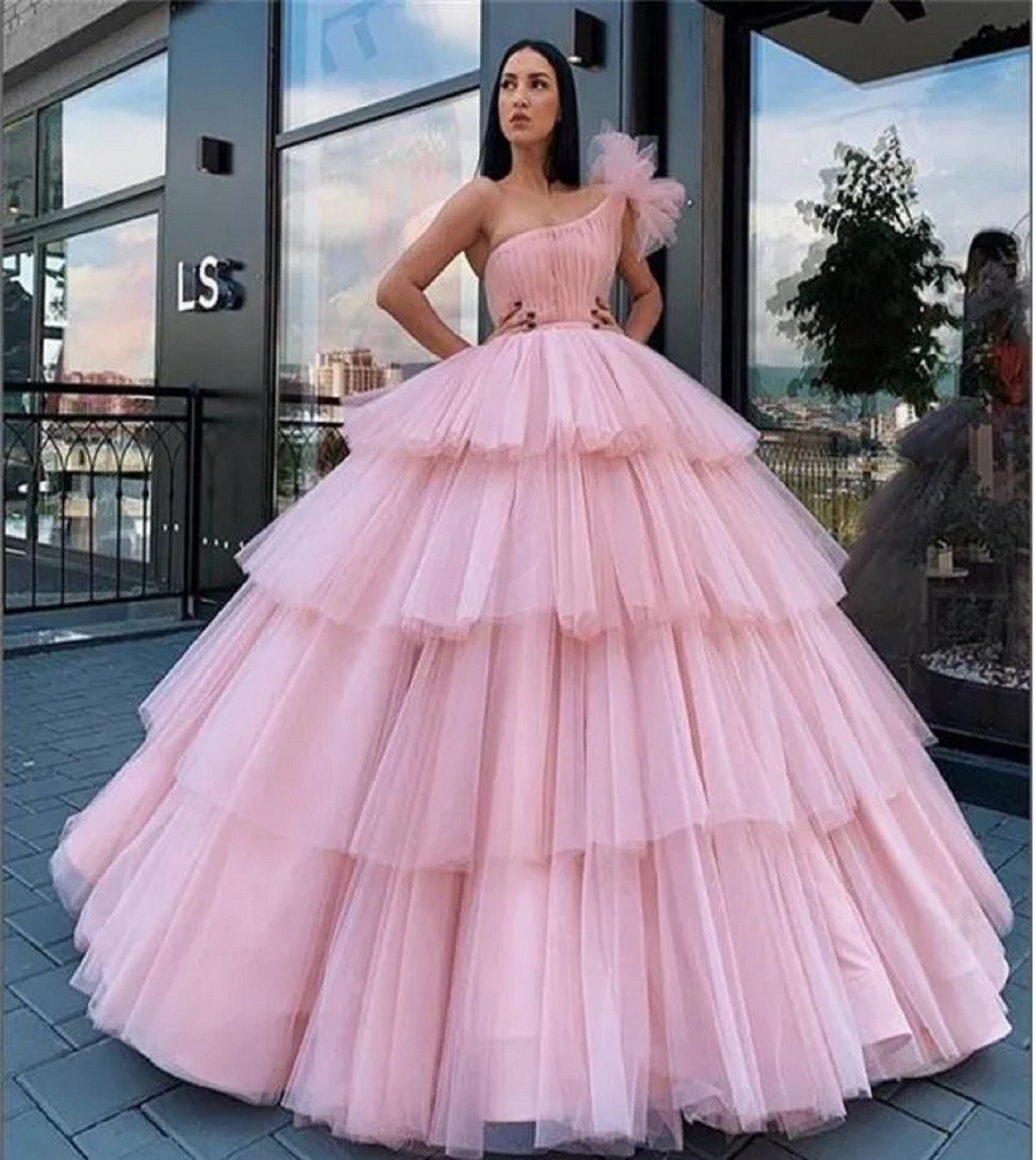Baby Pink Multilayer Prom Dress Princess Personalize Dres Tulle Sweep ...