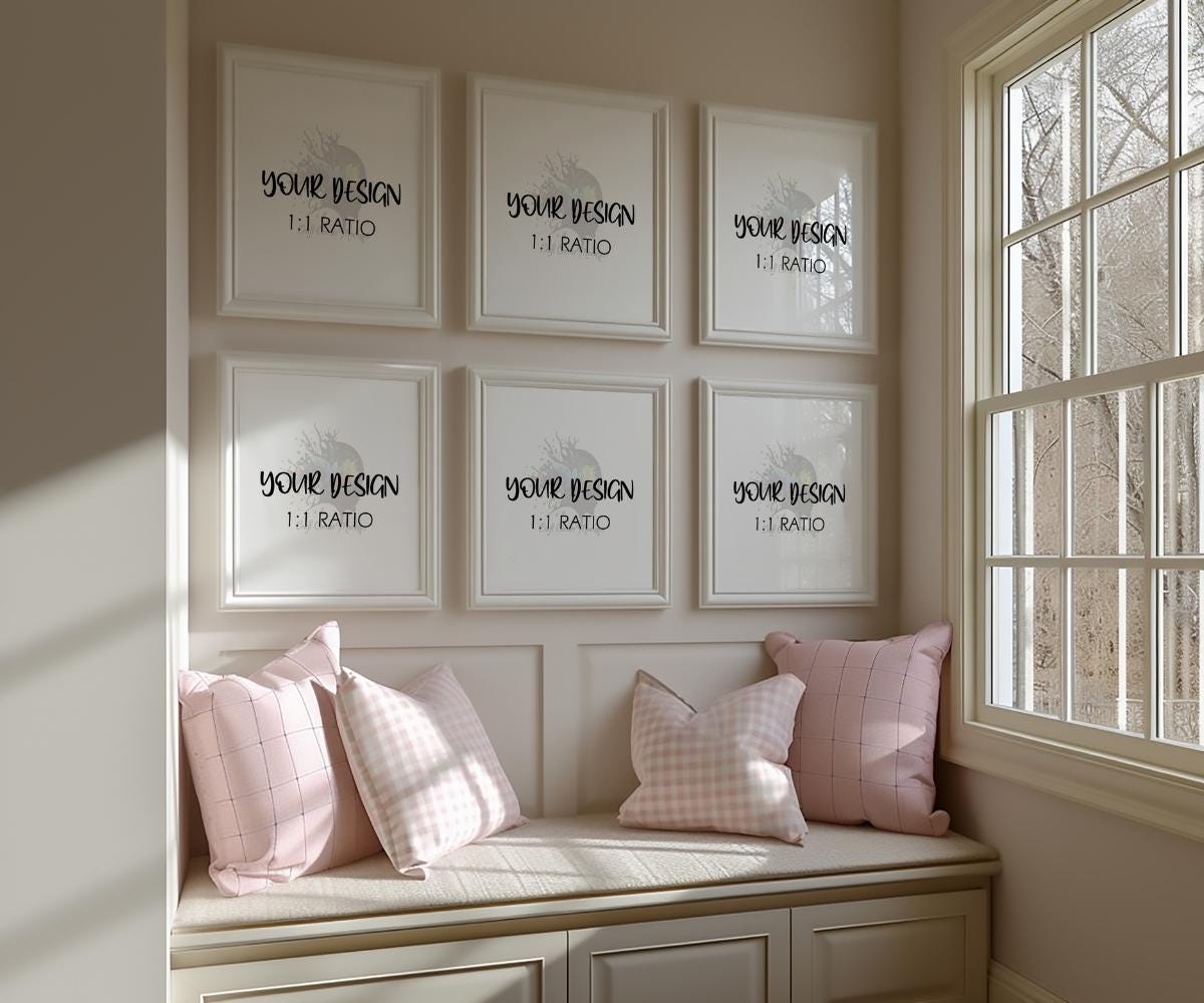 Nursery Frame Mockup, Set of 6 Frames, Pink Interior, Six Square Frame ...