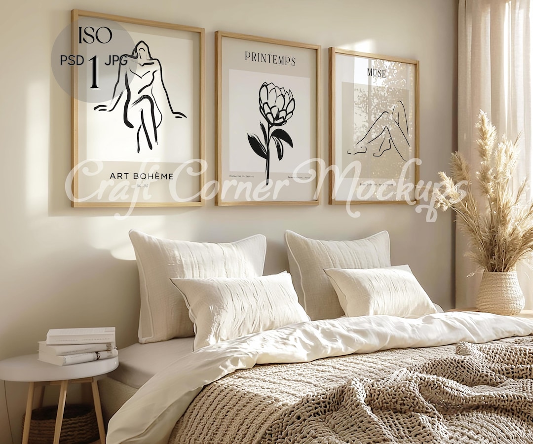 3 Frames Mockup Bedroom, Gallery Wall Frame Mockup, Set of Three Frames ...