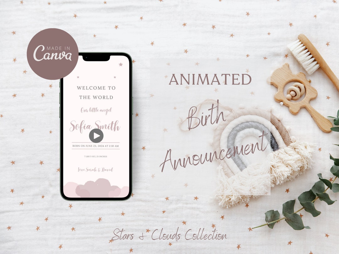 Animated Baby Birth Announcement Digital Canva Template | Clouds ...