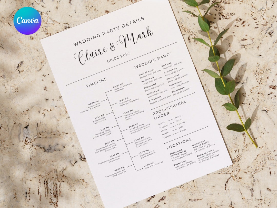 Wedding Day Timeline Wedding Party | Template for Bridemaids ...