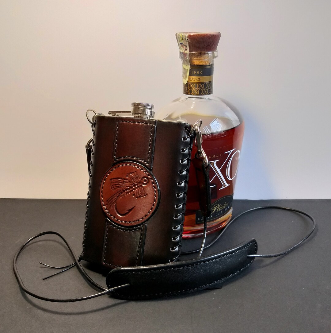 Leather Hip Flask 10oz Holder With Crossbody Strap, Leather Cased Hip ...