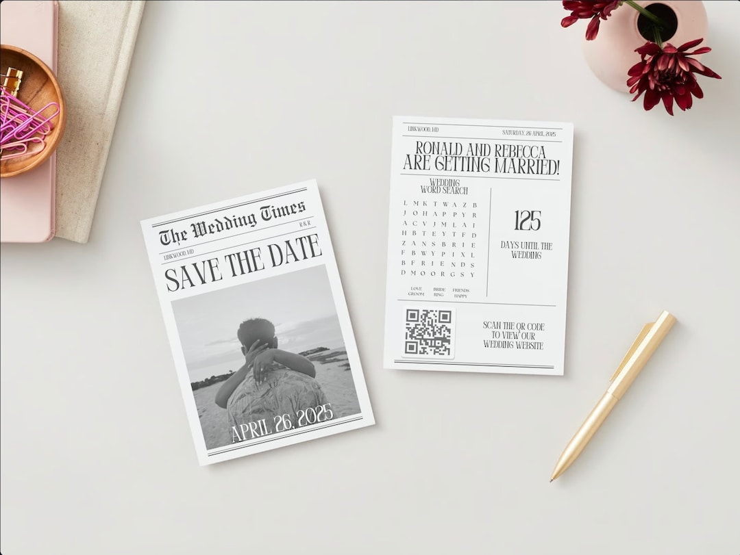 Save the Date Template Double Sided, Newspaper Save the Date, Wedding ...