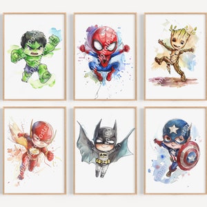 6 Drawing Superheroes Posters Watercolor Print, Gift for Kids ...