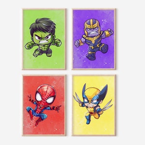 Set of 4 Watercolor Superheroes Poster Set - Nursery Prints for Kids ...