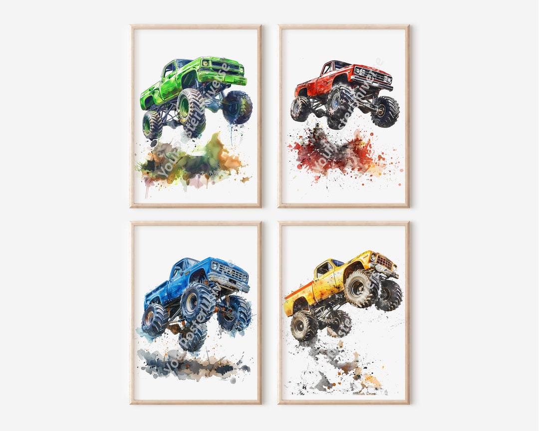 4 Watercolor Monster Trucks Posters - Wall Decor, Boys Room Decor, Kids ...
