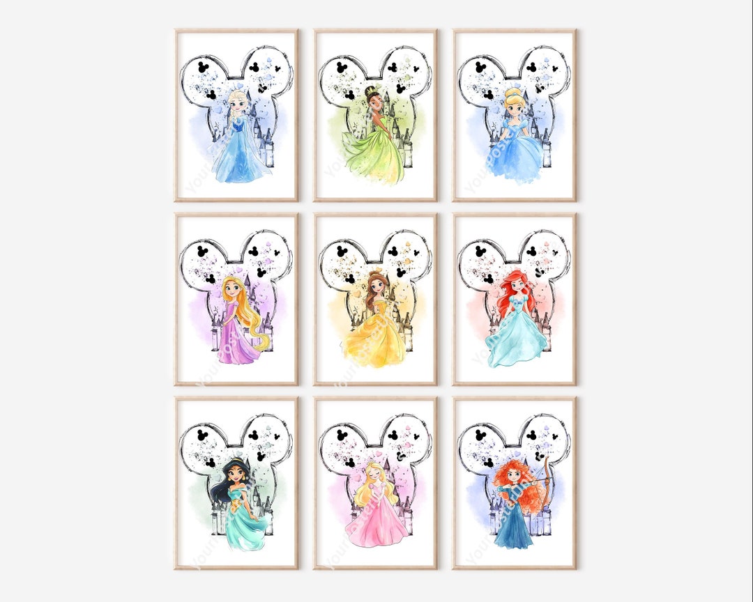 Set of 9 Princesses Posters - Princesses Decoration, Watercolor ...