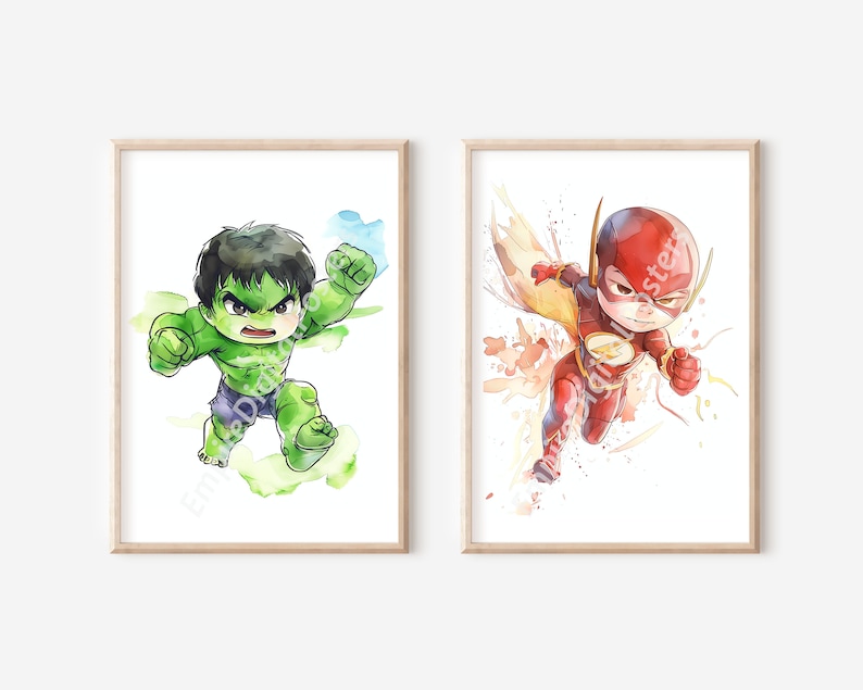 6 Drawing Superheroes Posters - Watercolor Print, Gift for Kids ...