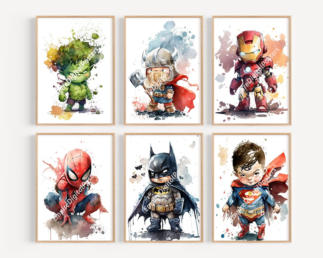 Set of Watercolor Superhero Poster Superhero Clipart, Nursery Prints ...