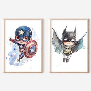 6 Drawing Superheroes Posters - Watercolor Print, Gift for Kids ...