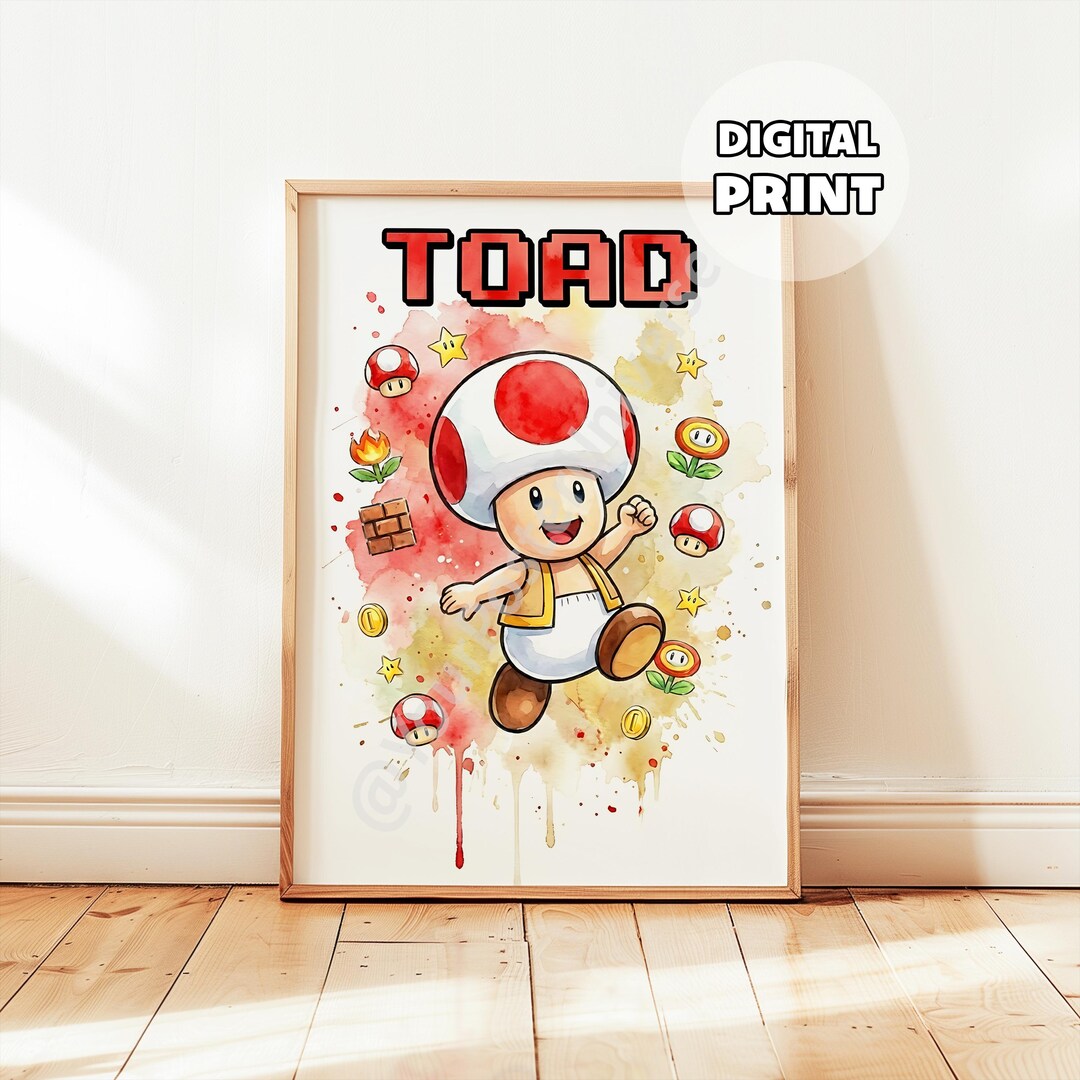 Hand-drawing Watercolor Toad Prints - Super Mario Bros Poster, Nursery ...