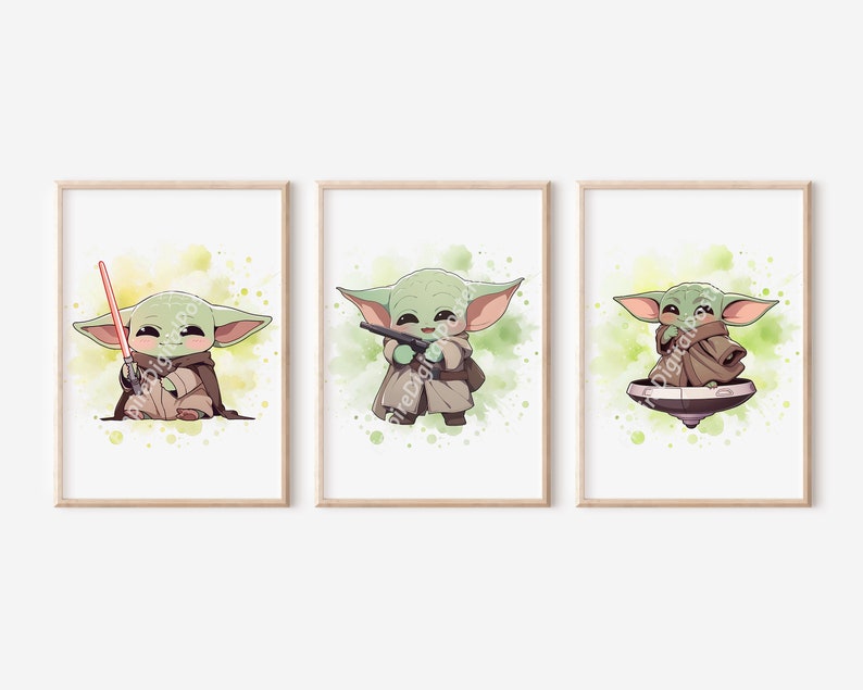 3 Watercolor Baby Yoda Posters Drawing Star Wars Wall Art, Nursery ...