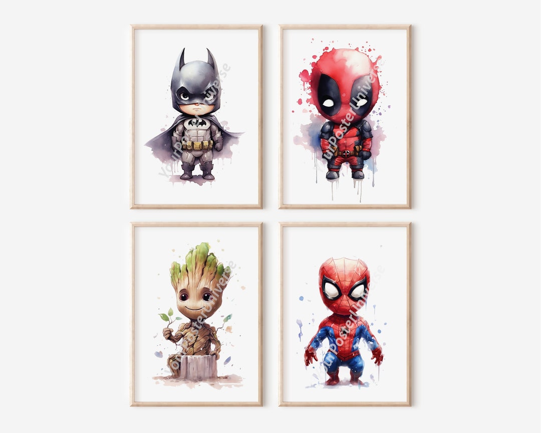 Set of 4 Watercolor Superhero - Wall Decor, Boys Room Decoration ...