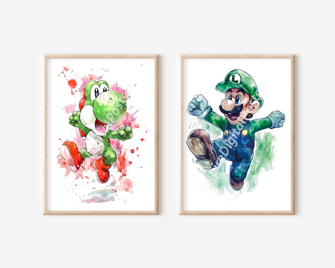 6 Super Mario Posters Watercolor Mario Wall Art, Prints for Kids, Mario ...