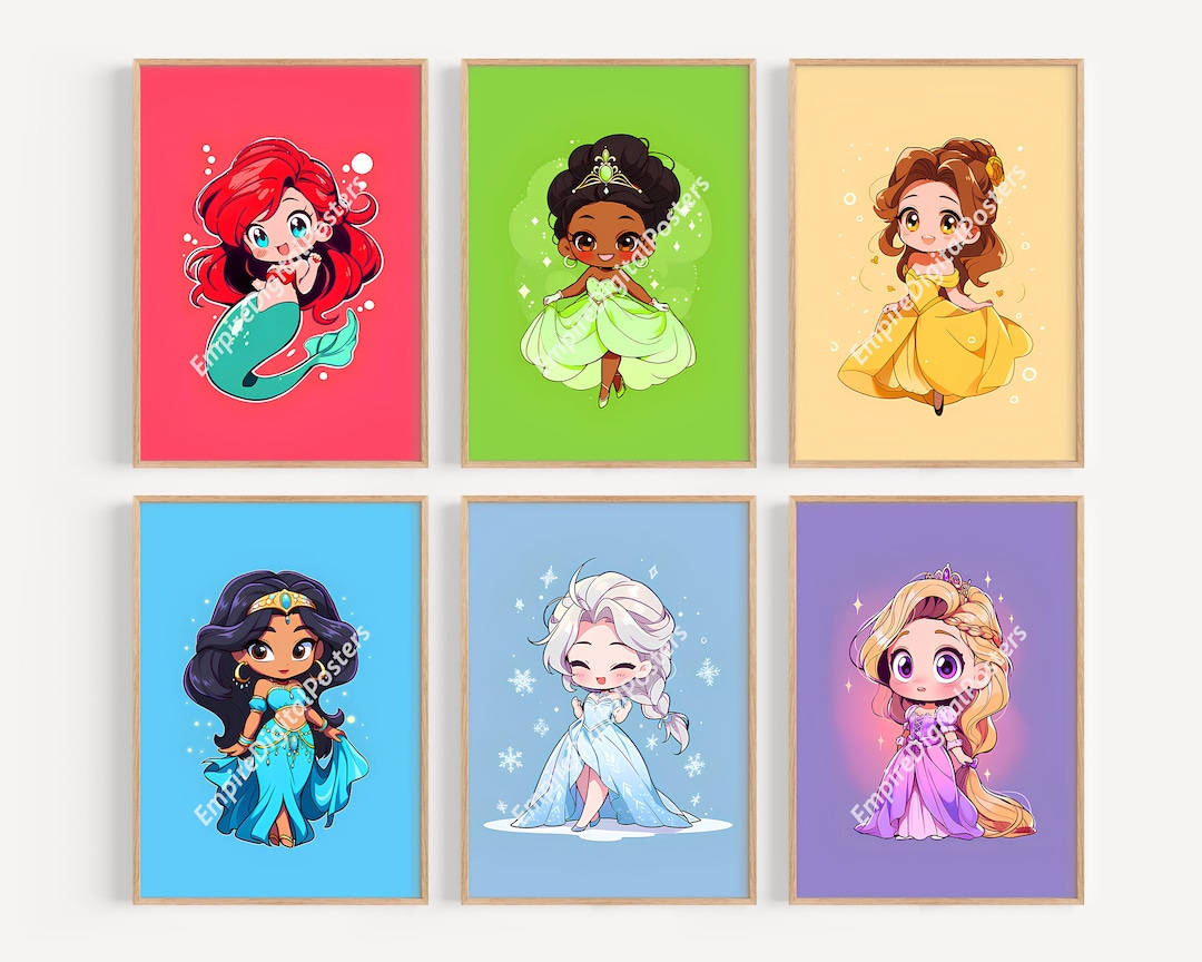 Set of 6 Cartoon Princess Poster - Nursery, Baby Room Shower, Kids ...