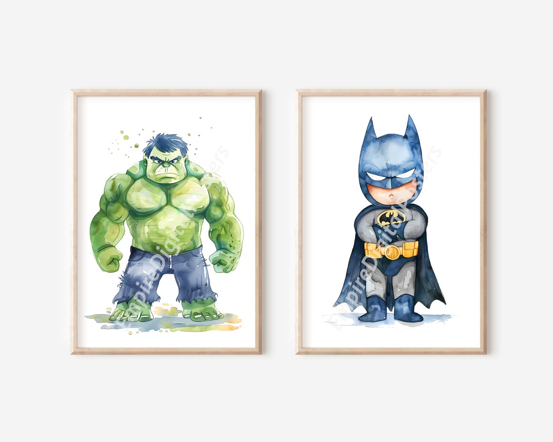 Set of 4 Drawing Superhero Wall Art Posters for Kids, Nursery Decor ...