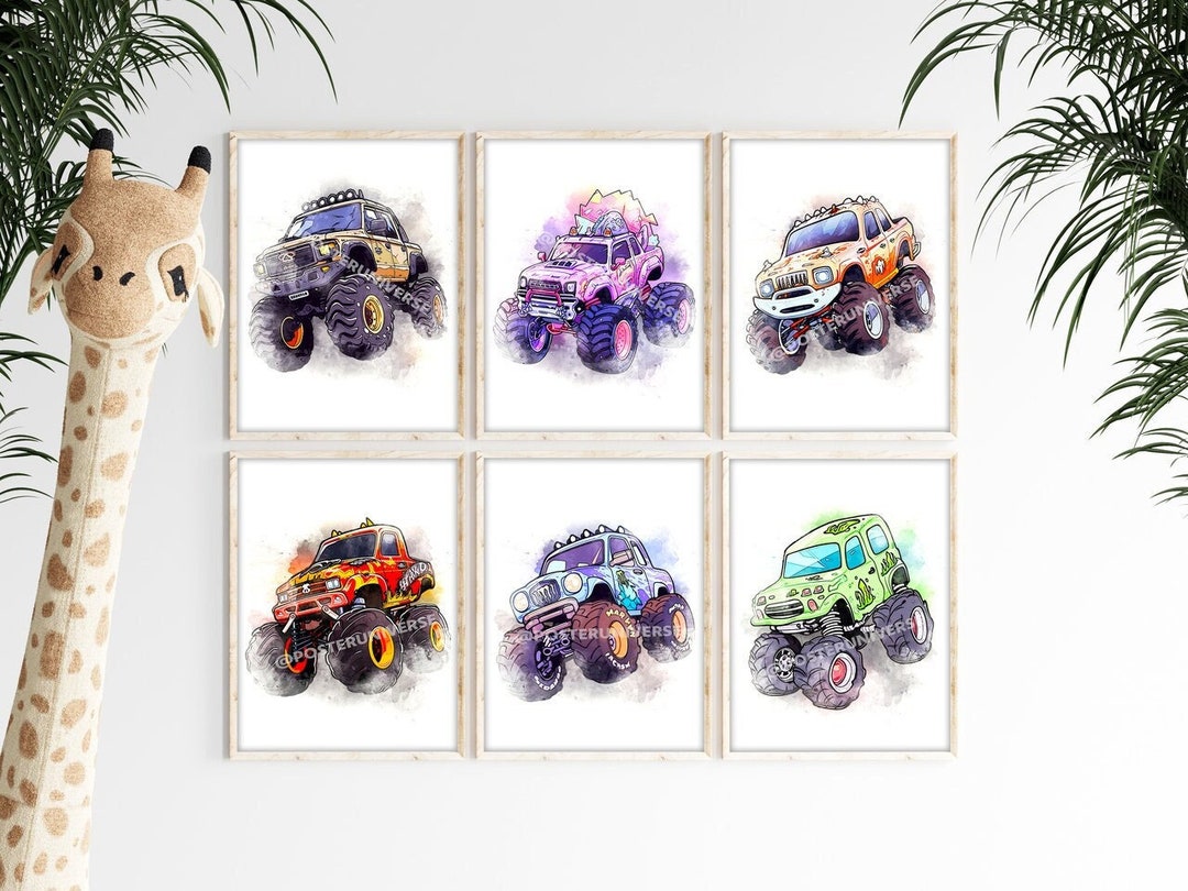Set of 6 Monster Truck Poster - Kids Room, Nursery Print, Boys Room ...