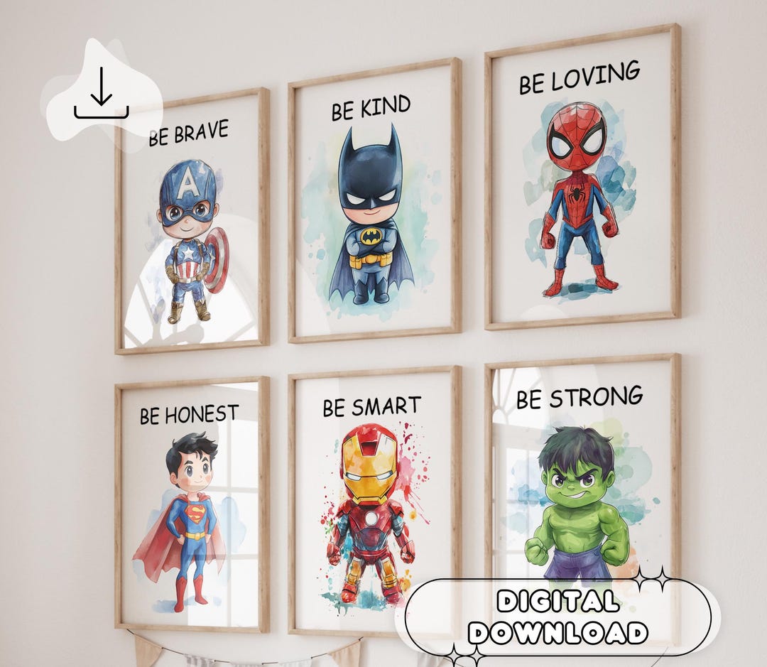 Set of 6 Superhero Wall Art - Nursery Prints, Wall Art, Superhero Kids ...