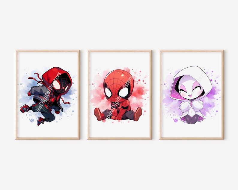 Set of 3 Spidey Watercolor Posters Wall Decor, Chibi Style, Nursery ...