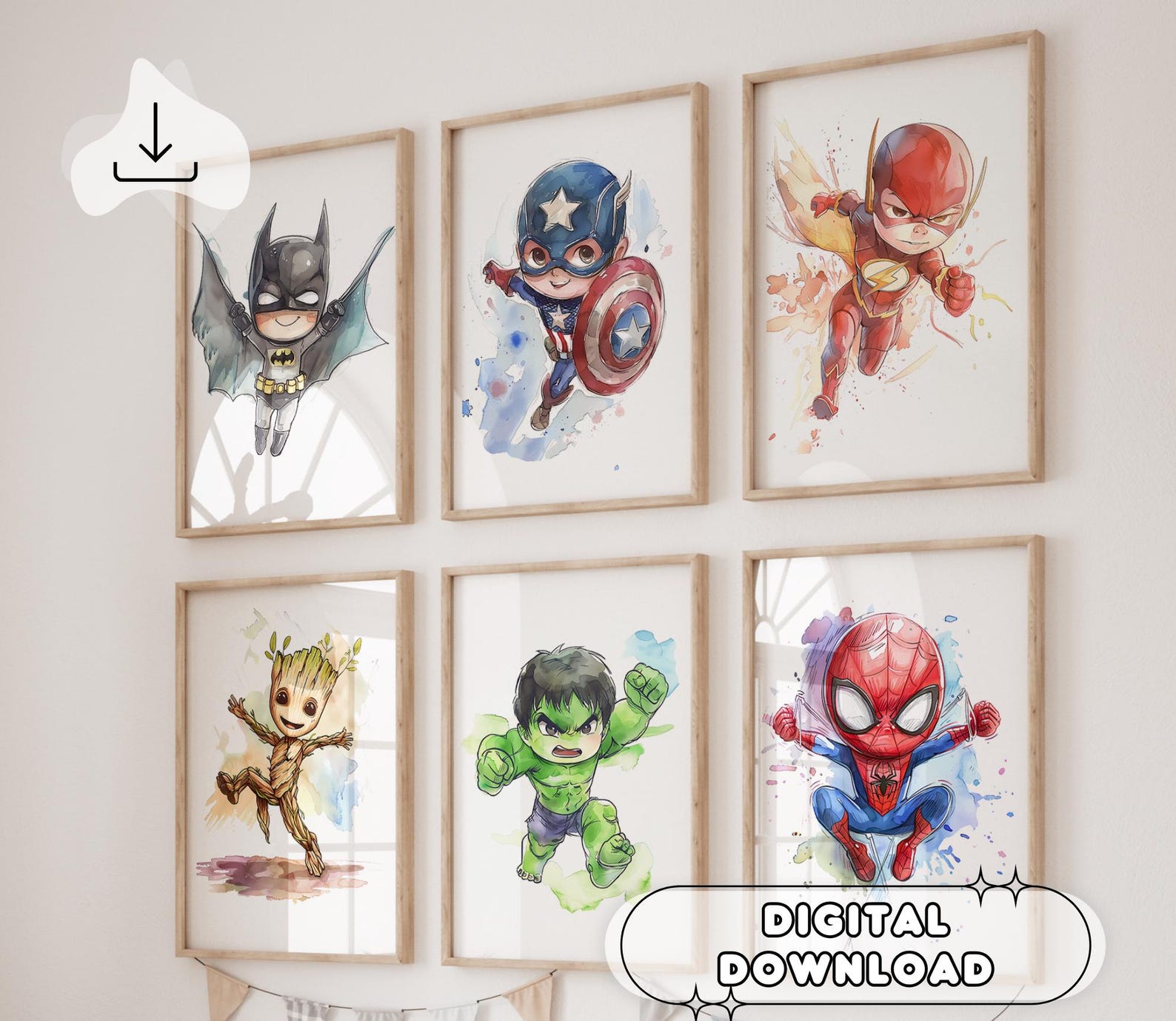 6 Drawing Superheroes Posters - Watercolor Print, Gift for Kids ...