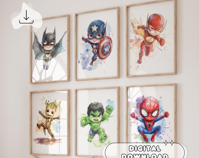 6 Drawing Superheroes Posters - Watercolor Print, Gift for Kids ...