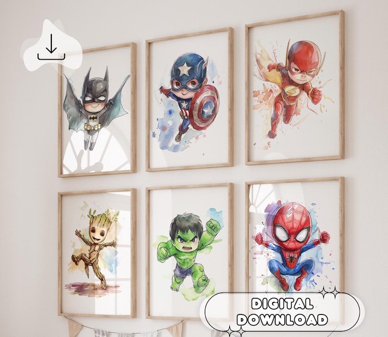 6 Drawing Superheroes Posters - Watercolor Print, Gift for Kids ...