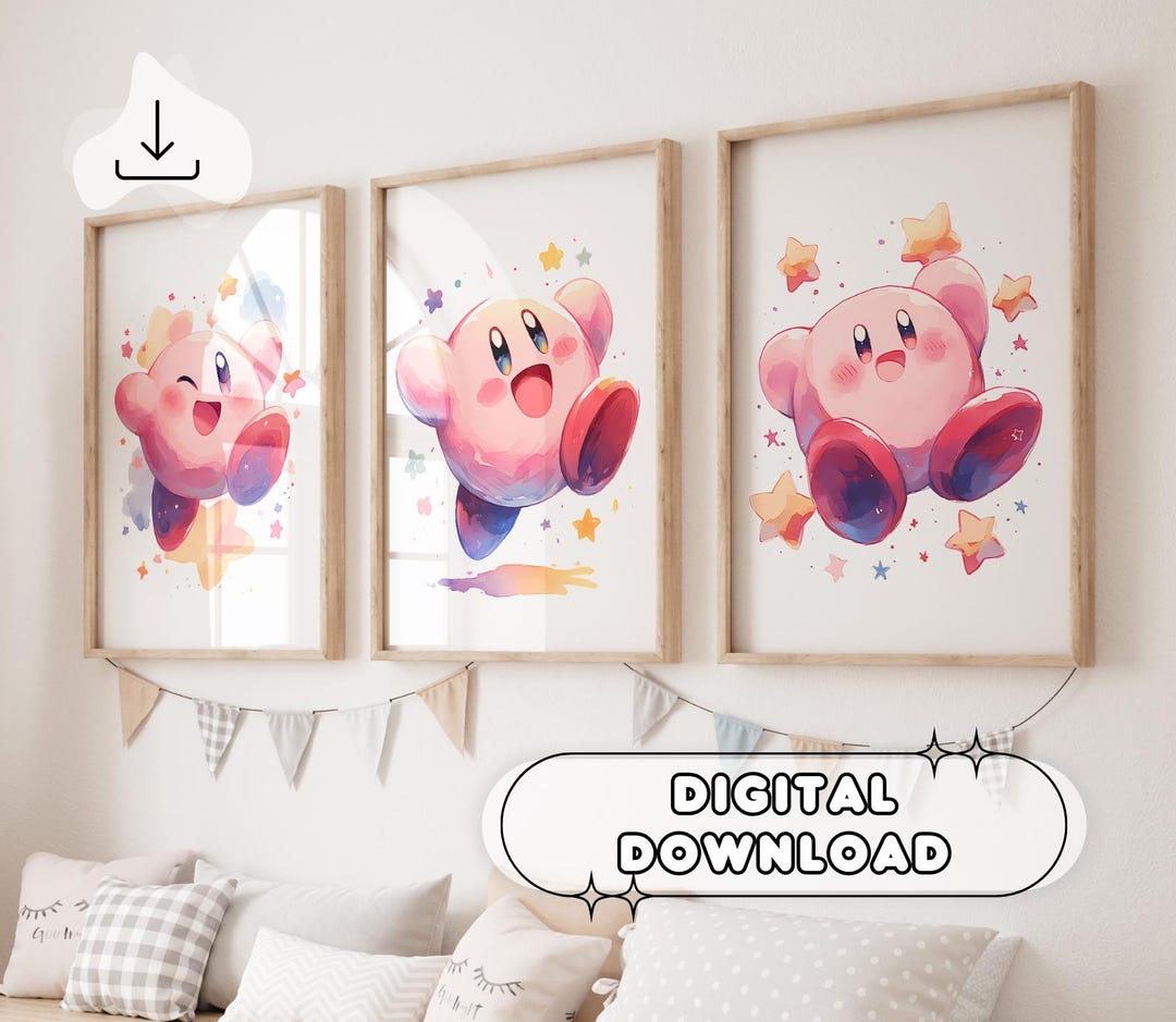 Set of 3 Kirby Watercolor Posters - Wall Decor, Chibi Style, Nursery ...