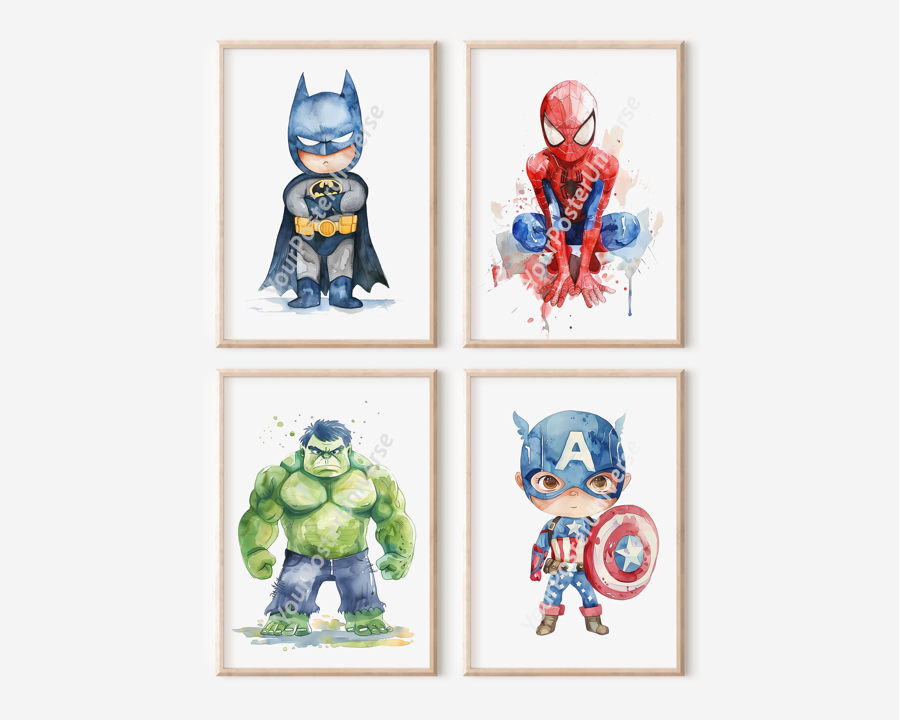 Set of 4 Drawing Superhero Wall Art Posters for Kids, Nursery Decor ...
