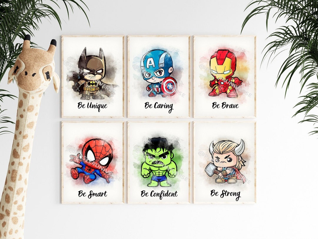 6 Cute Superhero Wall Art - Watercolor Poster Set, Kids Room Decor ...