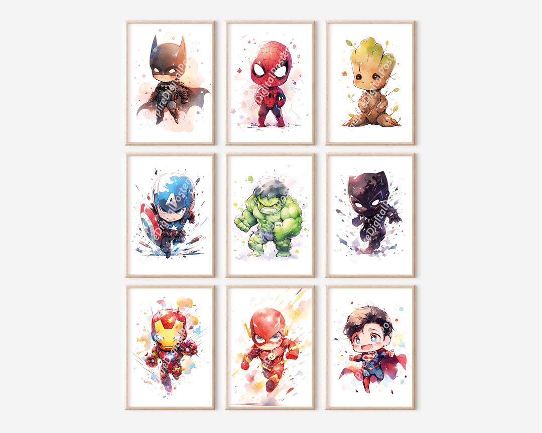 Set of 9 Superhero Posters - Wall Decor, Digital Print, Nursery Prints ...