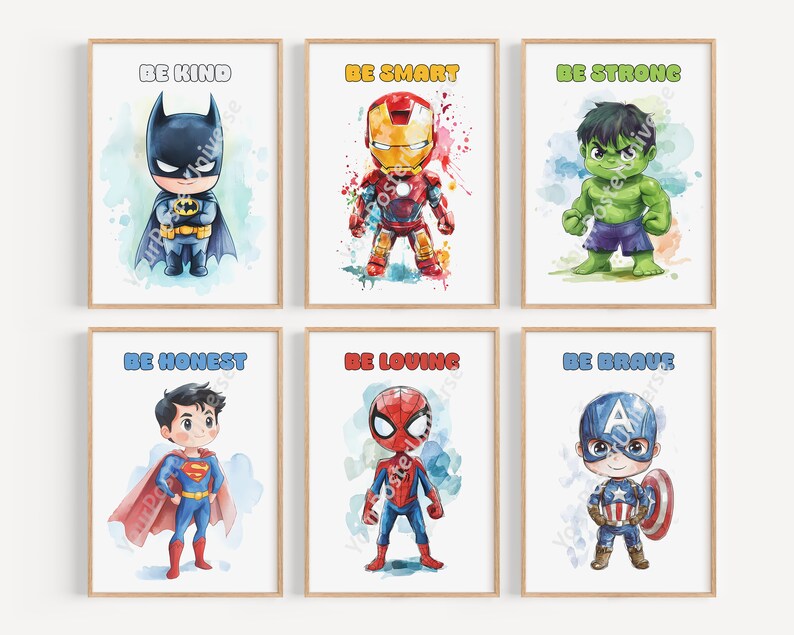 Set of 6 Popular Superheros Poster Wall Decor, Kids Room Decor, Boys ...
