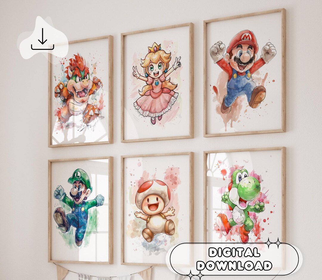 6 Super Mario Posters - Watercolor Mario Wall Art, Prints for Kids ...